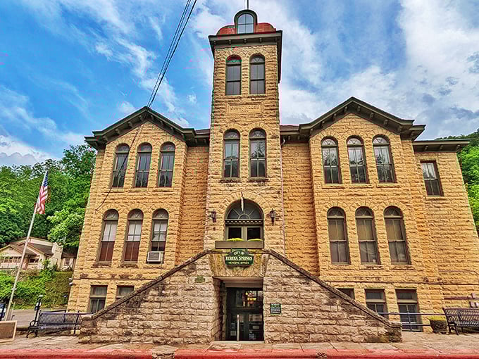 The historic courthouse stands as a sandstone sentinel, watching over Eureka Springs like an architectural version of "I remember when all this was fields."