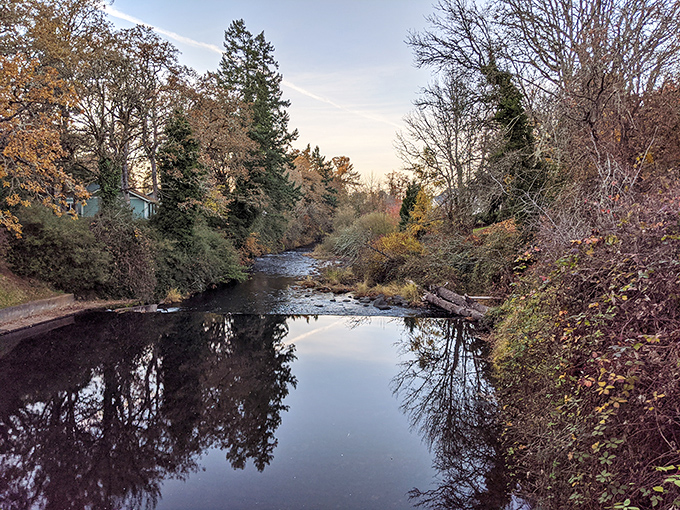 The covered bridge pathway beckons with the promise of shelter and mystery &ndash; like walking through a portal to a slightly more interesting version of today.