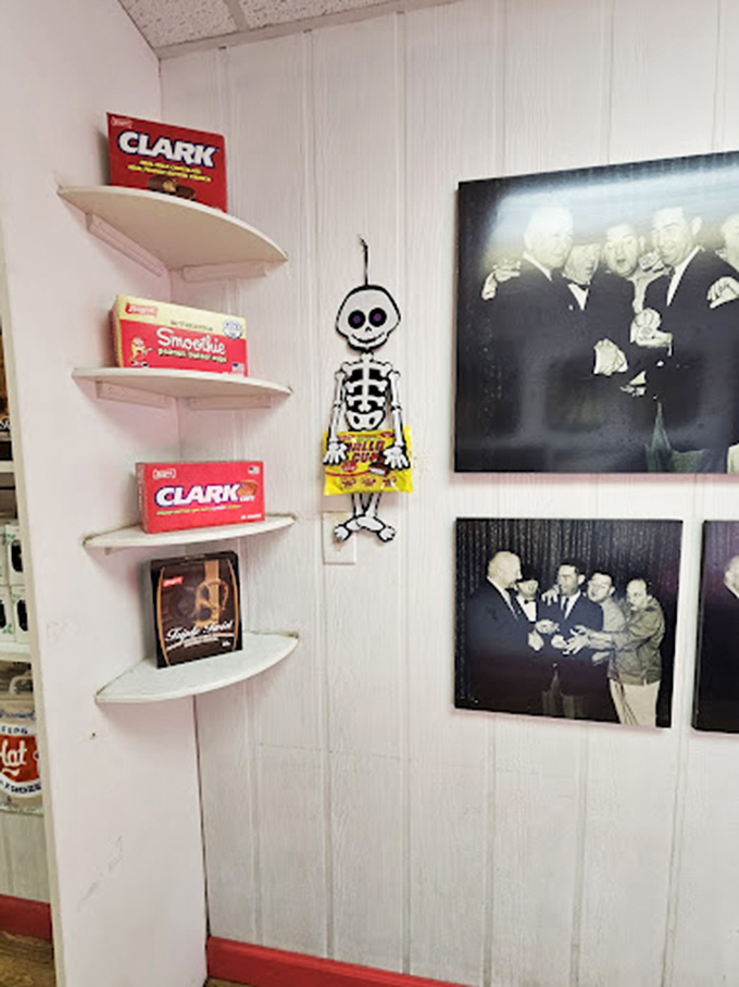 Vintage photos and a skeleton mascot tell Boyer's story on the walls, reminding us that good candy is both timeless and immortal.