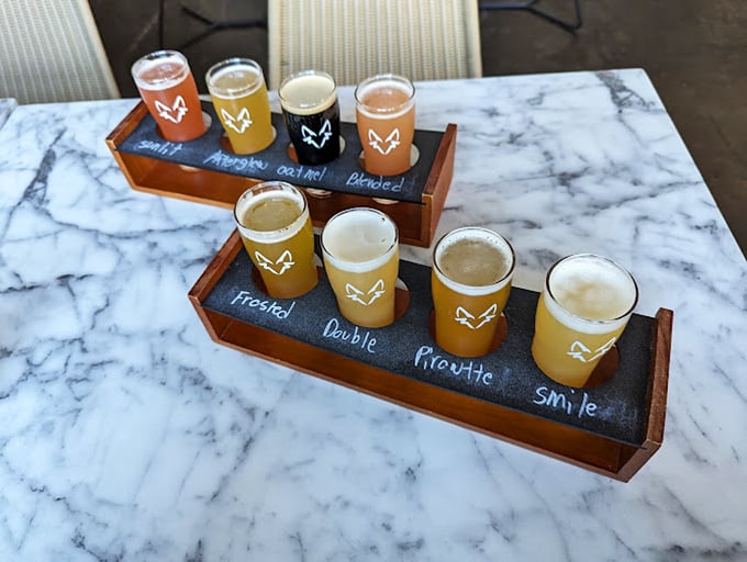 Double the flights, double the joy! Eight liquid possibilities arranged like the world's most delicious arithmetic problem.