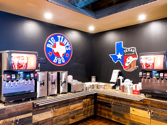 The drink station: because washing down world-class barbecue with anything less than a properly dispensed beverage would be culinary sacrilege. That Texas logo knows what's up.