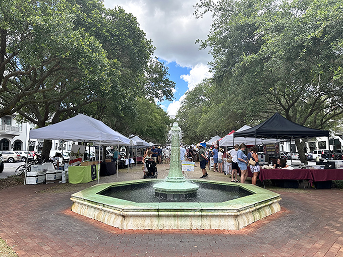 The farmers market transforms an ordinary plaza into a bustling bazaar where local vendors convince you that jam is definitely worth checking luggage for.