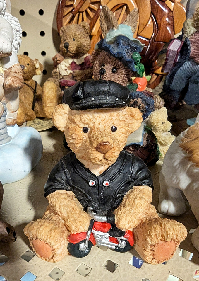 Collectible figurines stand at attention, waiting for new homes. That motorcycle-riding teddy bear is cooler than most of us will ever be