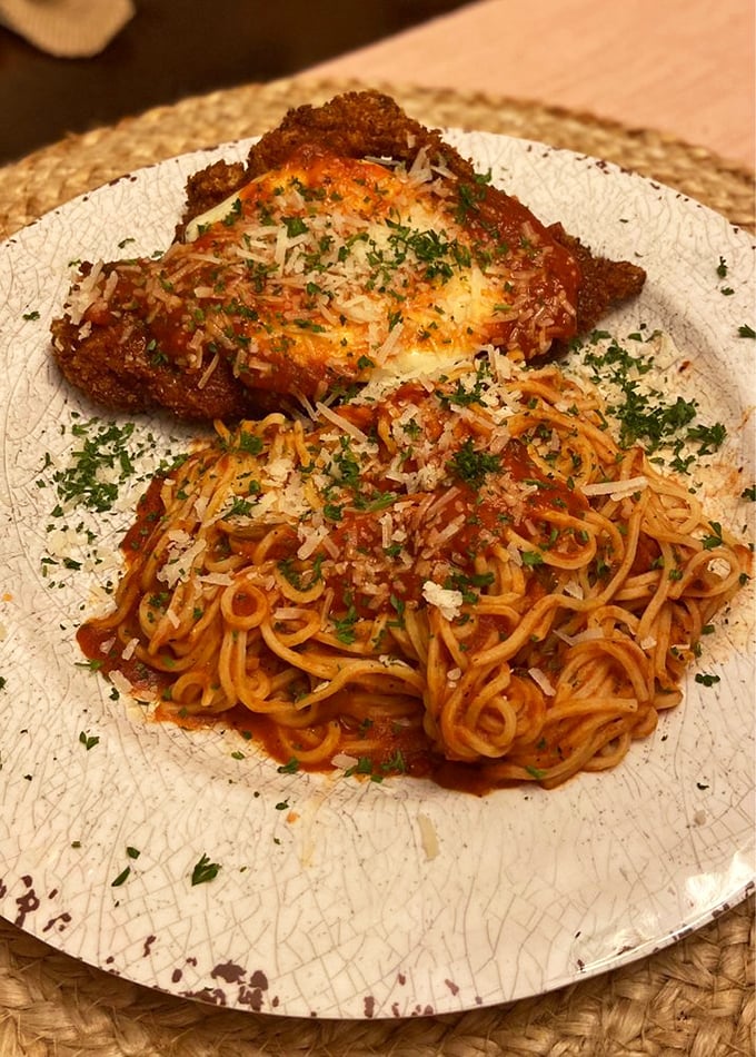 Fresh egg capellini that makes boxed pasta hang its head in shame. Delicate strands of pasta perfection topped with sauce that clings like it means it.