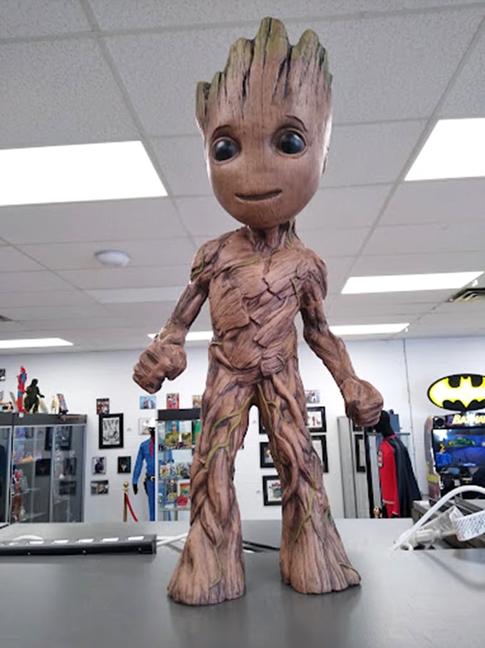Baby Groot's innocent eyes belie his cosmic adventures. This little wooden wonder makes visitors of all ages break into spontaneous "I am Groot" impressions.