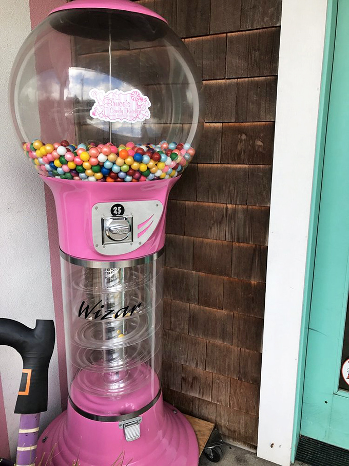 This bubblegum machine stands sentinel at the entrance, a pink beacon promising a quarter's worth of nostalgic joy.