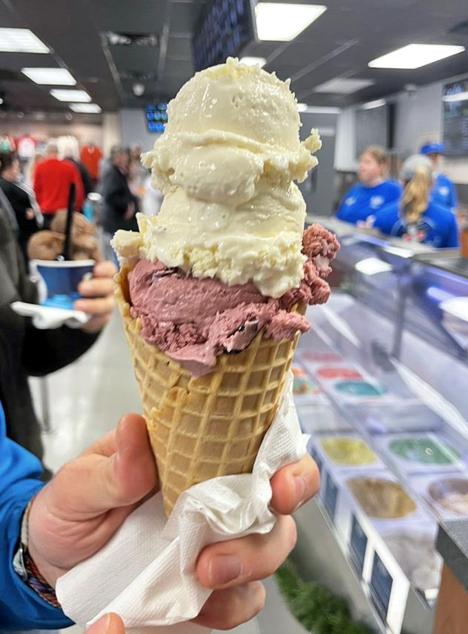 A perfectly stacked waffle cone masterpiece that makes you wonder if architecture was the wrong career choice. Balanced precariously between art and dessert.