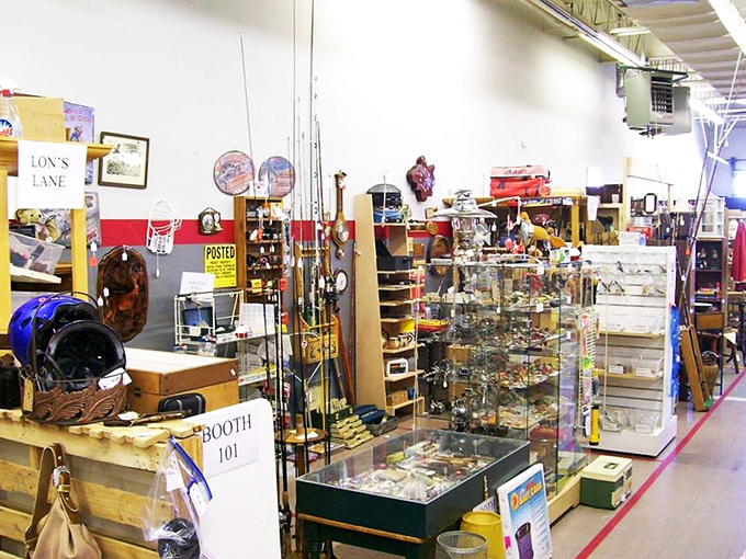 Aisles of possibility where fishing rods meet display cases in the democratic republic of collectibles.