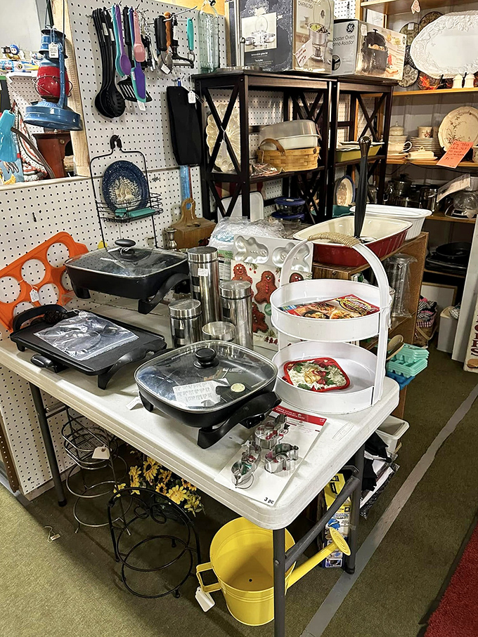 Kitchen gadgets that grandmother used, displayed with reverence for bygone cooking rituals. That electric skillet probably made thousands of perfect Sunday breakfasts.