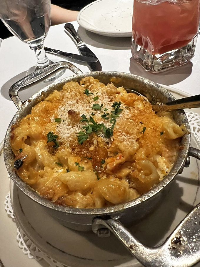 Lobster mac and cheese: where comfort food puts on a tuxedo. Creamy, decadent, and studded with sweet lobster chunks&mdash;worth every calorie.