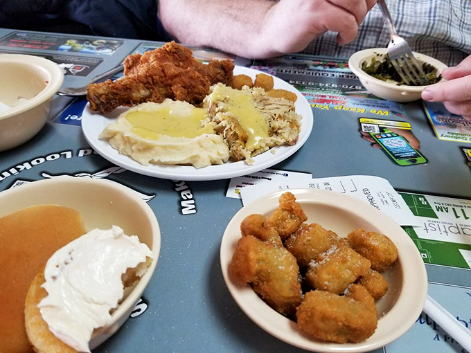 The buffet's steam rising like a culinary fog, with patrons navigating toward their favorites with the determination of salmon swimming upstream.