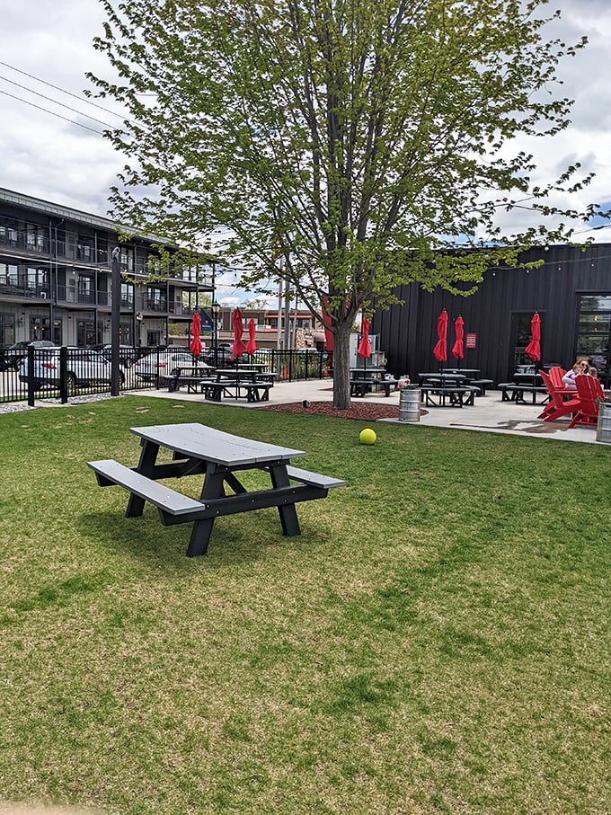 Beer garden perfection: fresh air, green grass, and picnic tables. That yellow ball isn't the sun&mdash;it's a reminder that play is encouraged.