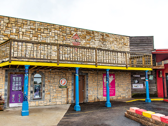The Wild West-inspired storefronts create a bizarre frontier town vibe, where every building houses a different flavor of roadside weirdness.