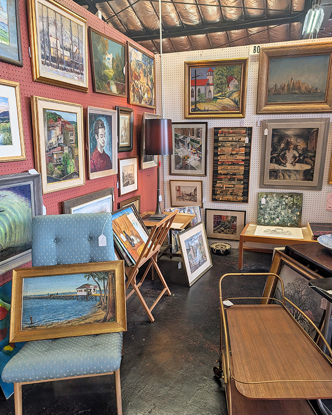 An art lover's dream corner where landscapes, portraits, and abstracts compete for wall space and your undivided attention.