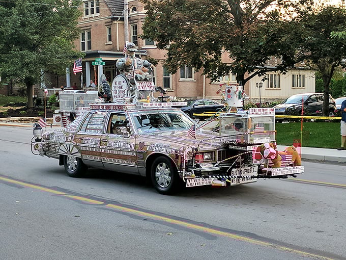 This elaborately decorated art car parading through town proves eccentric creativity blooms just as vividly in rural Indiana as in any urban gallery district.