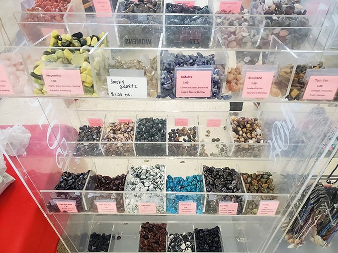 Organized chaos of metaphysical munchies &ndash; tiny labeled compartments offer stones for every spiritual appetite and magical craving.