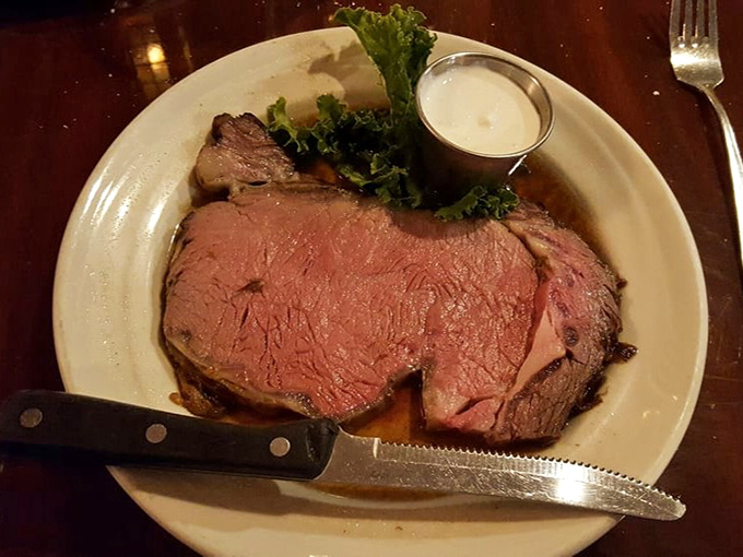 Prime rib so perfectly pink it makes flamingos jealous. The horseradish sauce is standing by for those brave enough.