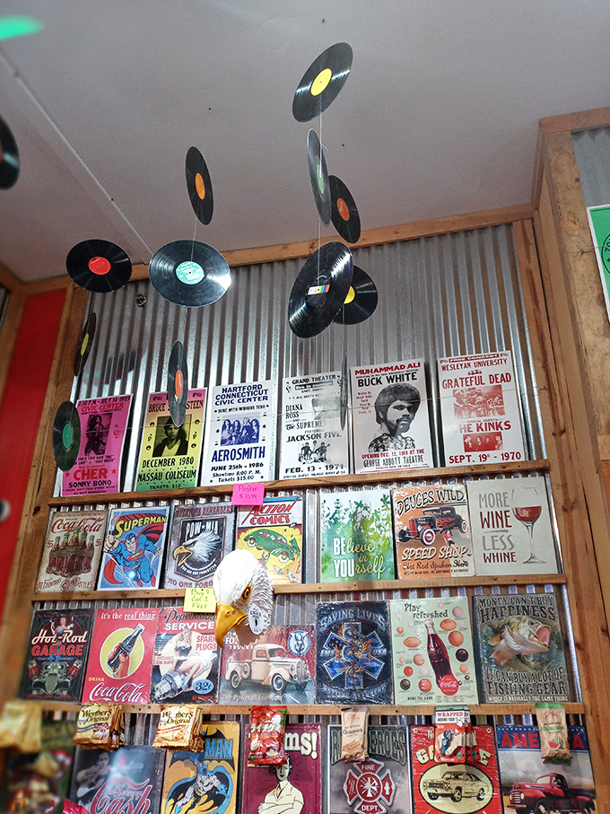 Vinyl records and concert posters hang like sweet memories, proving that good music and good candy never truly go out of style.