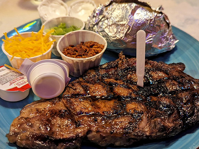 A steak with accessories that know their place&mdash;as supporting actors to the true star of this blue plate special.