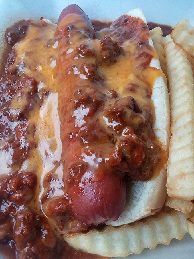 This hot dog doesn't just wear its toppings&mdash;it celebrates them. Chili and cheese transform an American classic into a glorious mess worth savoring.