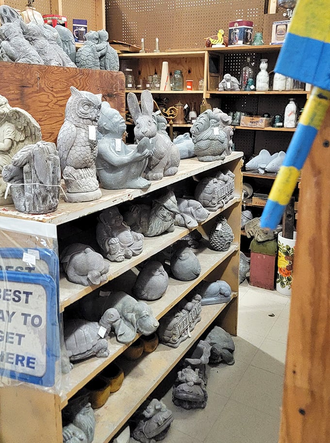 Garden sculptures waiting for adoption&mdash;these concrete critters would add whimsy to any backyard while telling stories of craftsmanship past.