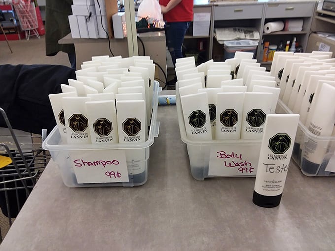 Brand-name toiletries at thrift store prices—like finding a gourmet food truck in an unexpected neighborhood. Life's little luxuries for pocket change.