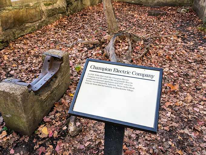 Historical markers tell tales of Champion Electric Company, proving that even waterfalls had industrial side hustles in the 1800s.