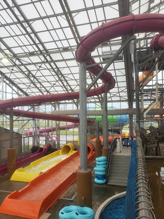 A rainbow of slides promising different flavors of the same delicious thrill &ndash; that perfect moment of weightlessness before the splash.