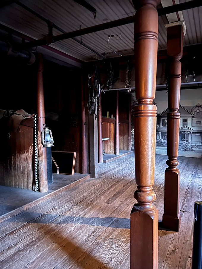 Even the stables couldn't escape architectural eccentricity – these wooden posts and beams look suspiciously straightforward for Winchester standards.