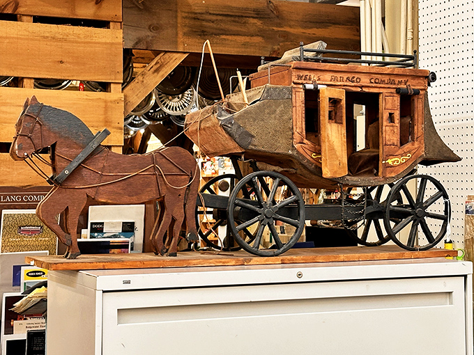 This wooden stagecoach model recalls a time when "road trip" meant something entirely different. The Wells Fargo logo reminds us some companies actually do survive centuries.