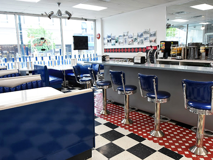 Counter seating that invites you to belly up to the bar and order a double&mdash;scoop, that is. The blue stools are calling your name.