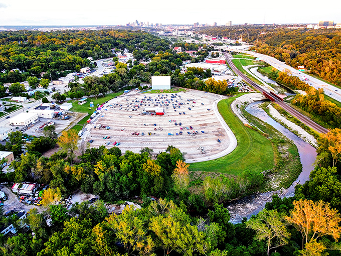 From above, the drive-in reveals its perfect positioning&mdash;close enough to the city for convenience, far enough for stargazing between double features.