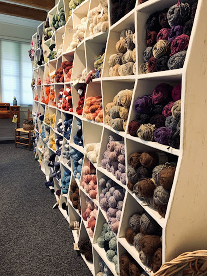 A wall of hand-dyed yarns creates a textile rainbow that makes knitters weak in the knees and non-crafters consider a new hobby.