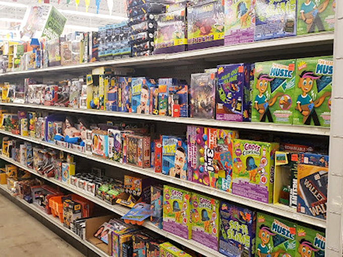 Toy shelves packed tighter than a clown car. Parents beware: "just browsing" becomes "somehow shopping" faster than kids can say "please."