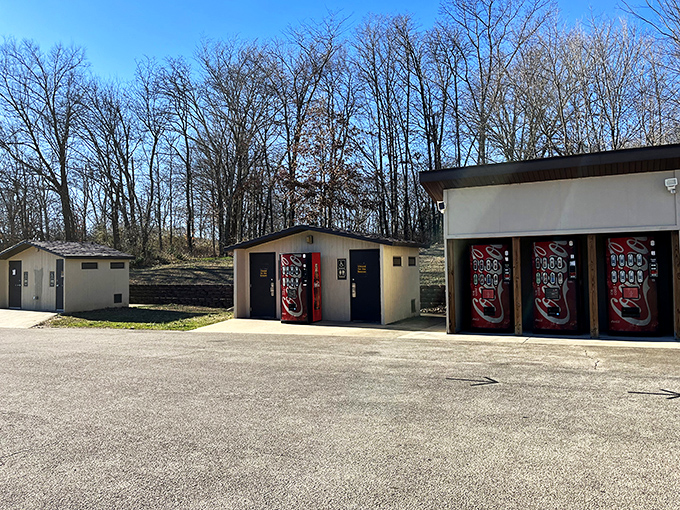 Civilization's outpost at wilderness's edge, where modern conveniences meet million-year-old geology in amusing juxtaposition.