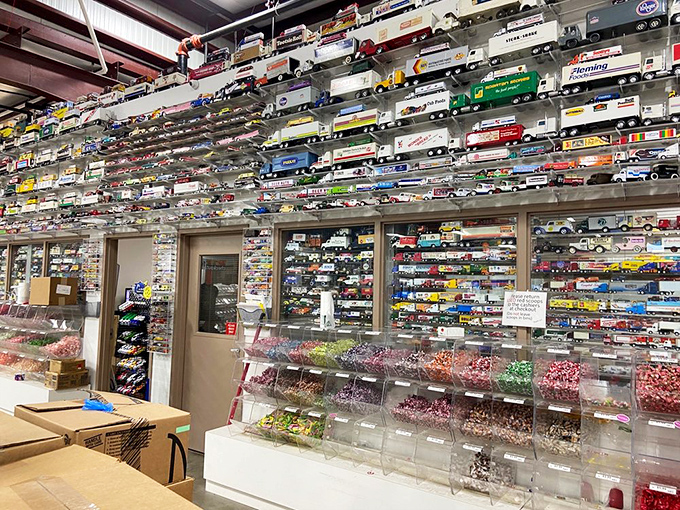 Toy cars and candy—the two greatest joys of childhood hanging out together. That collection overhead would make any collector's heart race.