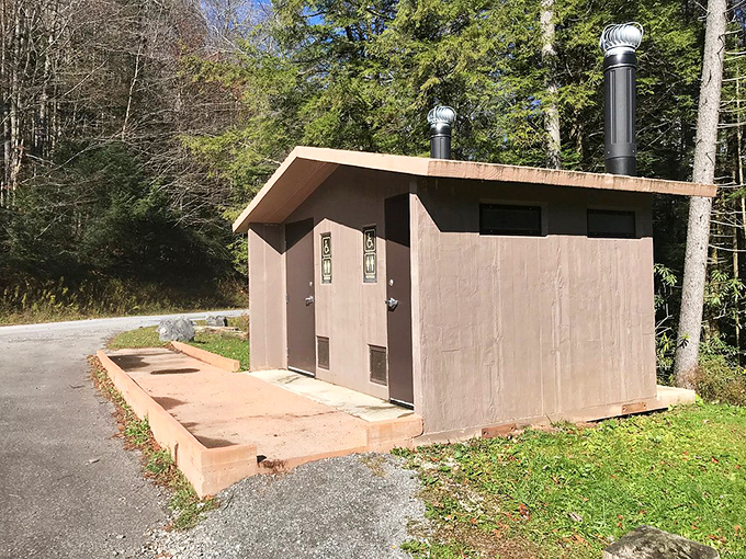 Even in wilderness, civilization's necessities stand ready. This humble structure might lack five-star amenities, but the location can't be beat.