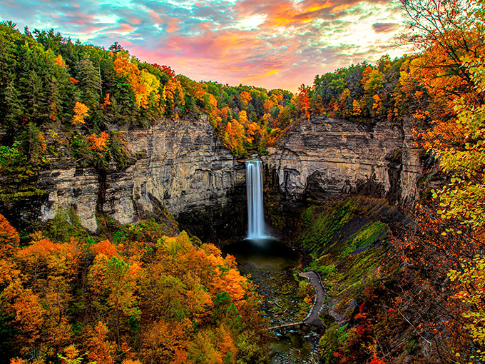 Nature's autumn fireworks display at nearby Taughannock Falls proves New York's most spectacular shows don't require Broadway tickets or subway rides.