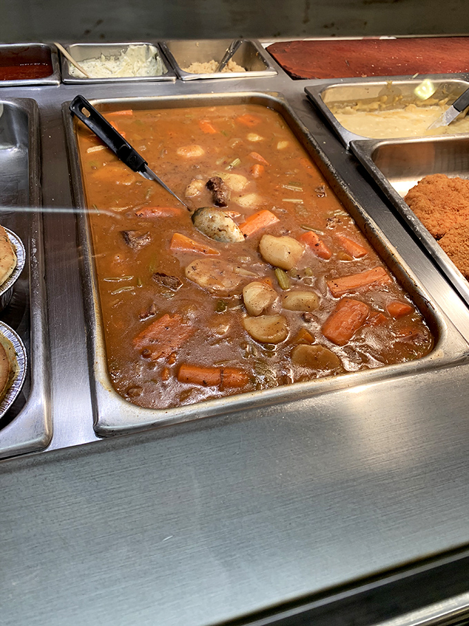Beef stew that's been simmering since morning, patiently waiting to become the highlight of someone's day&mdash;possibly yours if you're lucky.