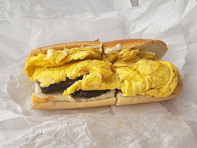Breakfast sandwich perfection: fluffy eggs and savory sausage nestled in bread that somehow manages to be both sturdy and tender. Morning salvation.
