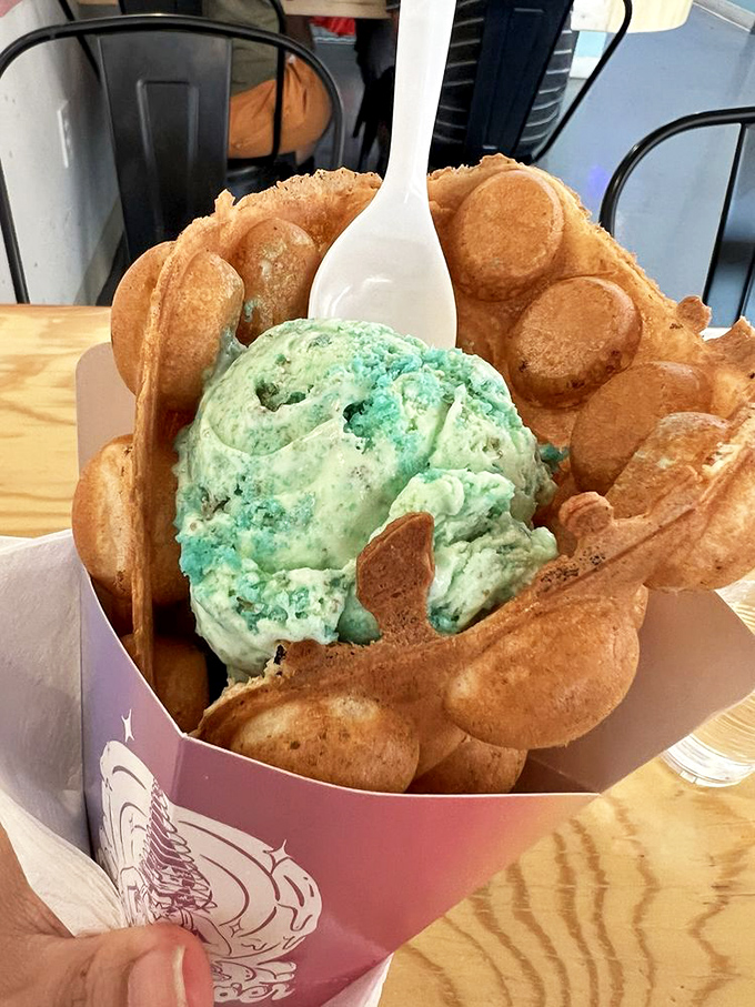 That bubble cone isn't just holding mint ice cream&mdash;it's cradling a scoop of edible optimism in a waffle embrace.