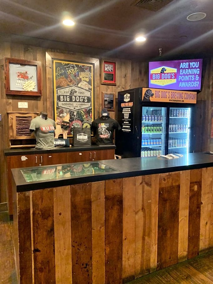 The merchandise corner: where you can take home a souvenir of your root beer revelation. T-shirts that say "I came for the beer, stayed for the root beer."
