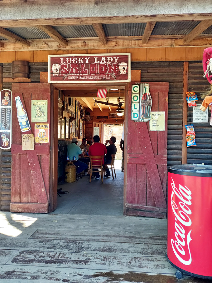 The Lucky Lady Saloon offers respite for weary shoppers. Cold drinks and camaraderie flow as freely as the bargaining tips.