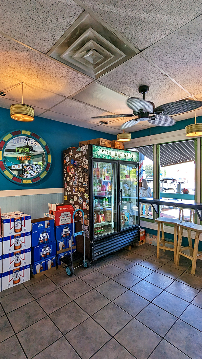 The beverage cooler stands ready—because nothing complements fresh seafood like an ice-cold drink on a Carolina summer day.