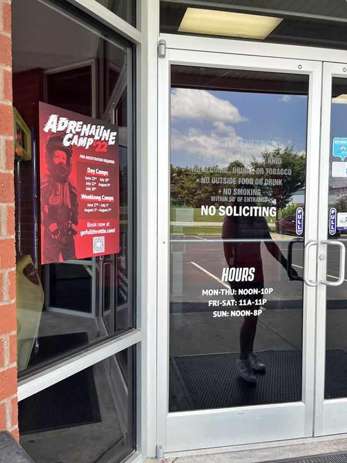 The entrance promises adrenaline camp inside. Like summer camp, but with more helmets and less poison ivy.