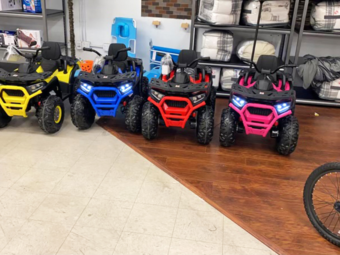 Kid-sized ATVs in a rainbow of colors prove that Daily Dealz isn't just about necessities—it's about finding joy at prices that won't break the college fund.