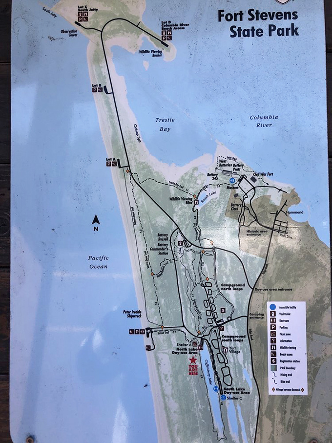 The treasure map to outdoor bliss. Fort Stevens' layout reveals a playground where history and nature have been having a beautiful friendship for centuries.