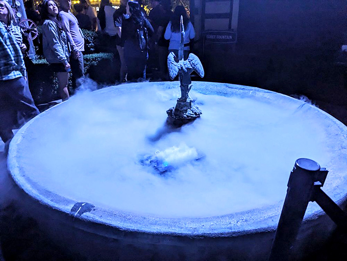 The fountain creates an appropriately mysterious atmosphere for evening tours, its misty surface suggesting there might be a portal to another dimension below.