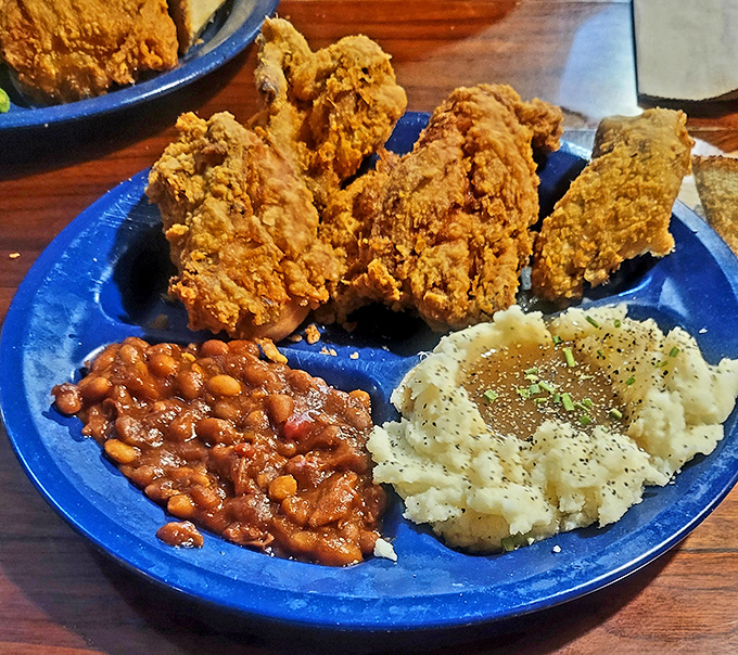 Crispy fried chicken with creamy sides proves Missouri Hick isn't just a one-trick pony—they've mastered multiple methods of delicious protein delivery.