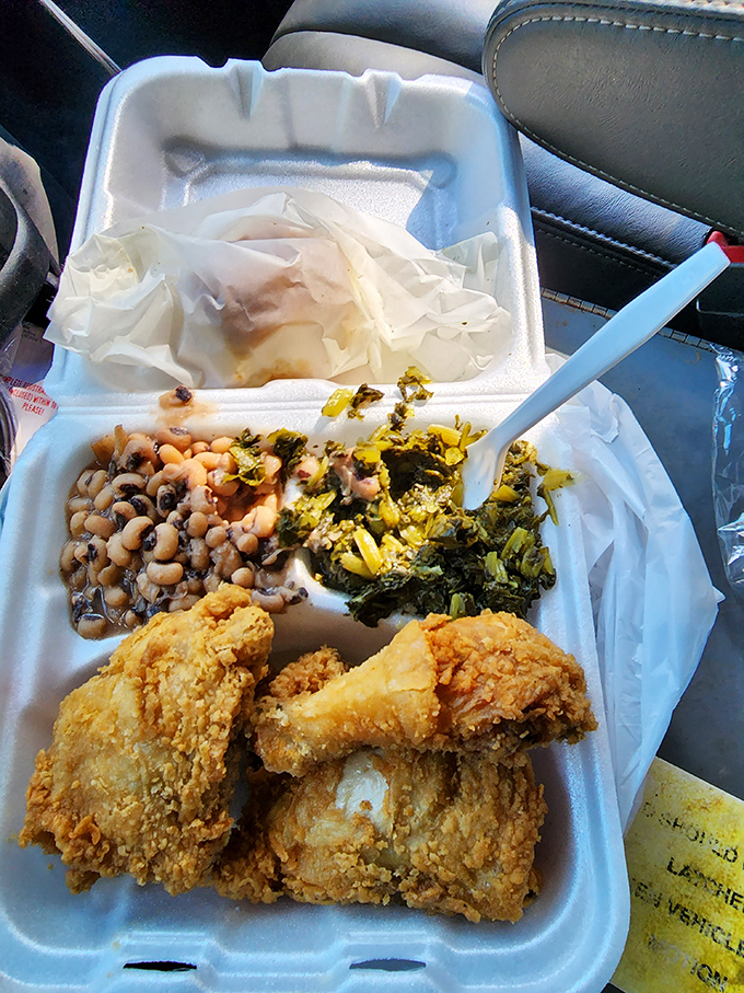 Even in a to-go container, this fried chicken maintains its dignity&mdash;crispy exterior giving way to juicy meat that makes car dining a gourmet experience.